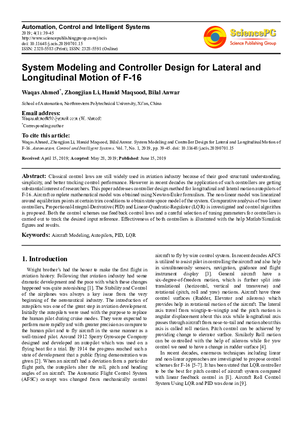 (PDF) Control Design for F-16 Longitudinal Motion