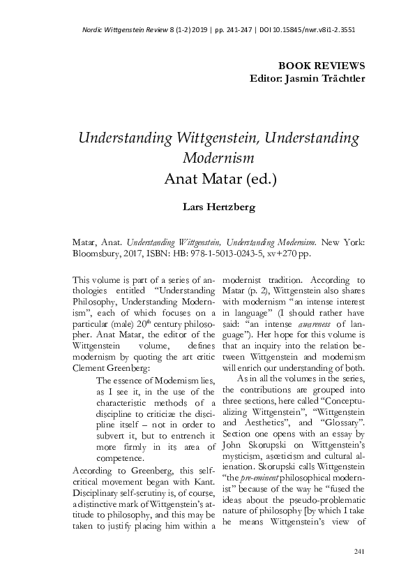 (PDF) Understanding Wittgenstein, Understanding Modernism, ed. Anat ...