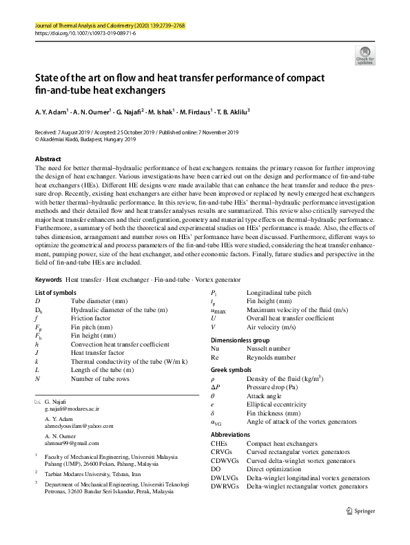 (PDF) State of the art on flow and heat transfer performance of compact fin-and-tube heat exchangers