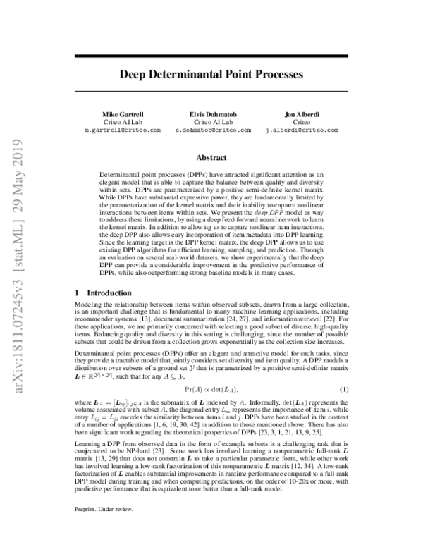 (PDF) Deep Determinantal Point Processes