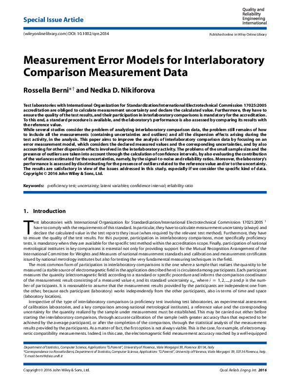 (PDF) Measurement Error Models for Interlaboratory Comparison Measurement Data