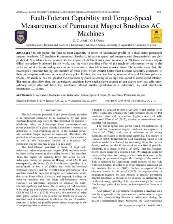 (PDF) Fault-Tolerant Capability and Torque-Speed Measurements of Permanent Magnet Brushless AC ...