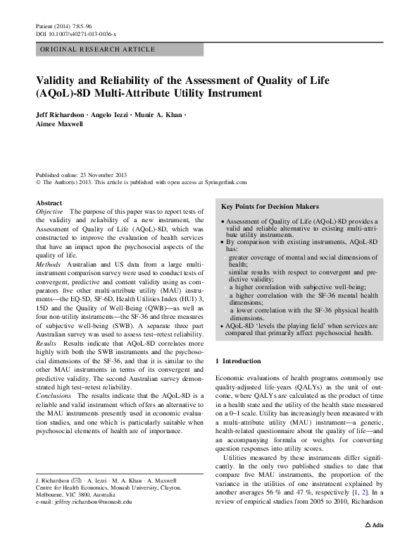 (PDF) Validity and Reliability of the Assessment of Quality of Life (AQoL)-8D Multi-Attribute ...
