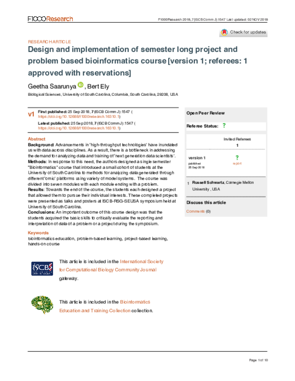(PDF) Design and implementation of semester long project and problem based bioinformatics course