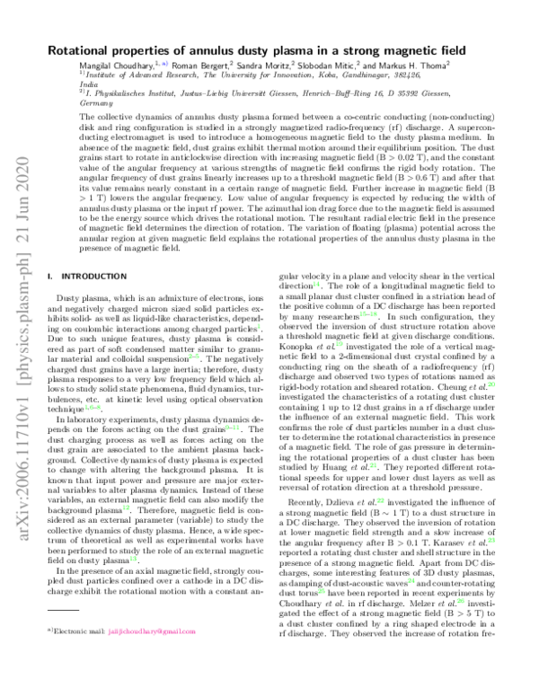 (PDF) Rotational properties of annulus dusty plasma in a strong magnetic field