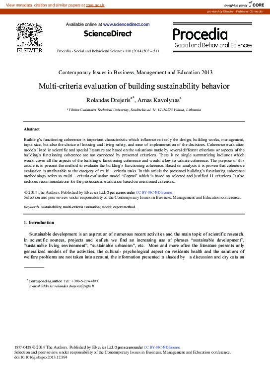 (PDF) Multi-criteria Evaluation of Building Sustainability Behavior