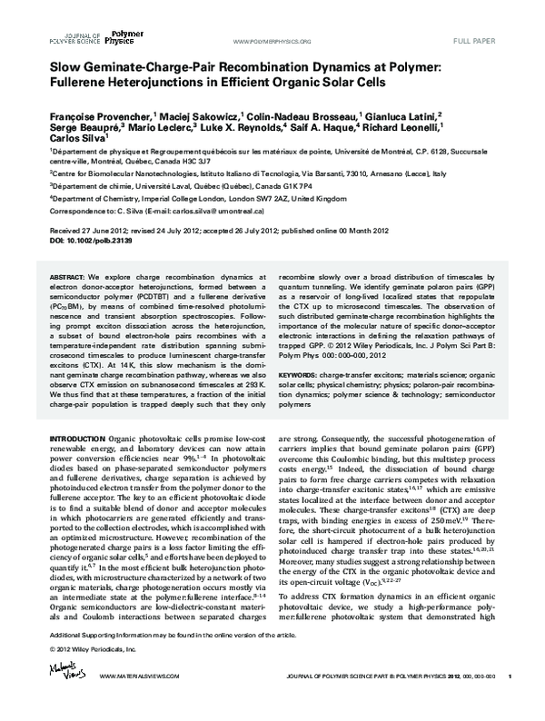 (PDF) Slow geminate-charge-pair recombination dynamics at polymer ...