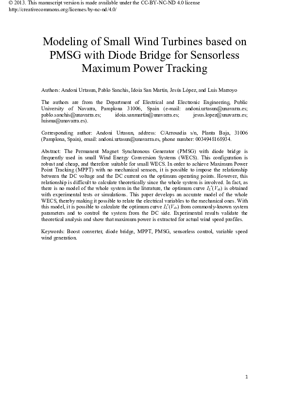 Pdf Modeling Of Small Wind Turbines Based On Pmsg With Diode Bridge For Sensorless Maximum