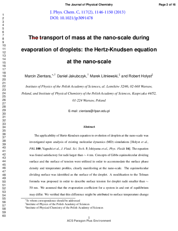 (PDF) Transport of Mass at the Nanoscale during Evaporation of Droplets: the Hertz–Knudsen ...