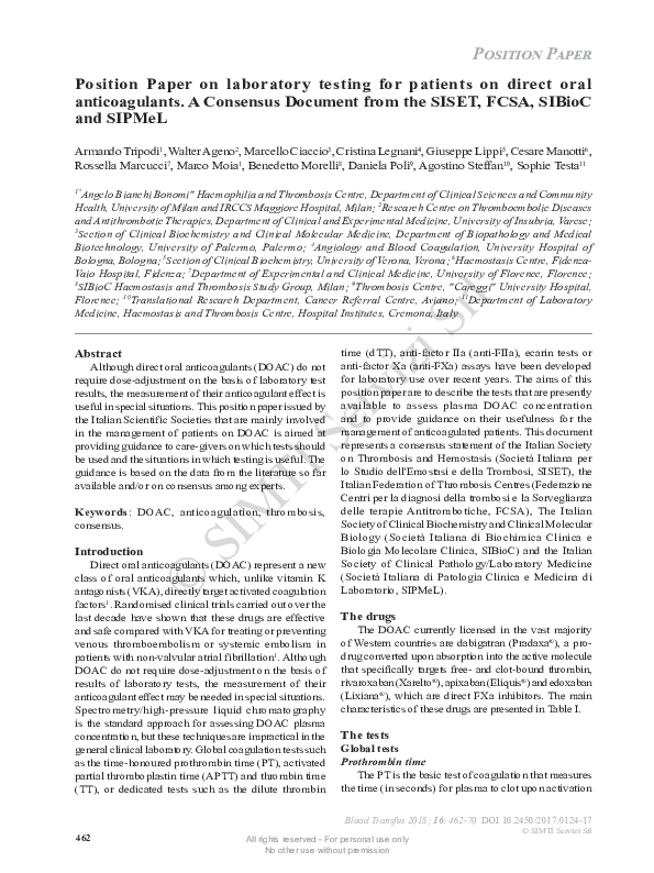 (PDF) Position Paper on laboratory testing for patients on direct oral ...