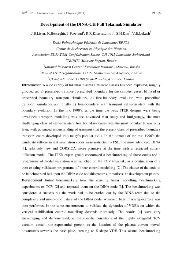 (PDF) Development of the DINA-CH Full Tokamak Simulator