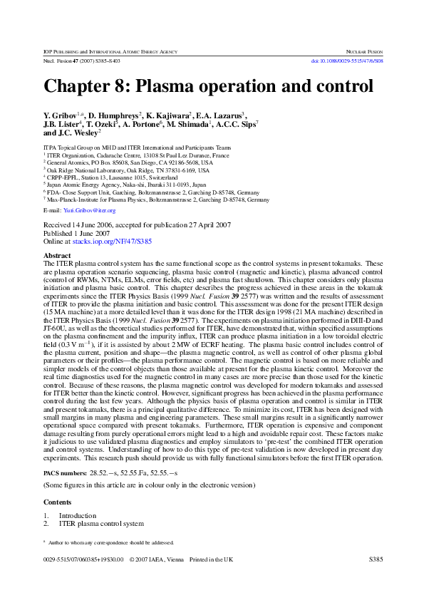(PDF) Chapter 8: Plasma operation and control