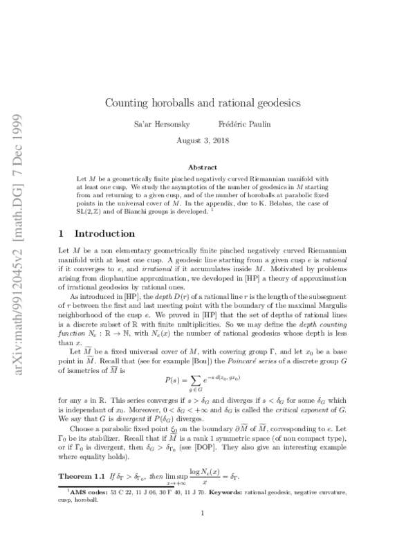 (PDF) Counting Horoballs and Rational Geodesics | Karim Belabas - Academia.edu
