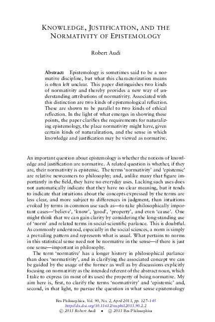 (PDF) Knowledge, Justification, and the Normativity of Epistemology