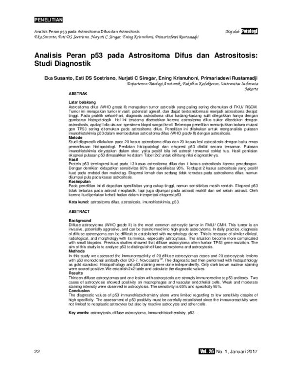 (PDF) Analisis Peran p53 pada Astrositoma Difus dan Astrositosis: Studi ...