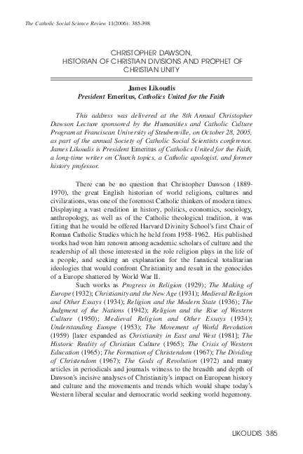 (PDF) Christopher Dawson, Historian of Christian Divisions and Prophet ...
