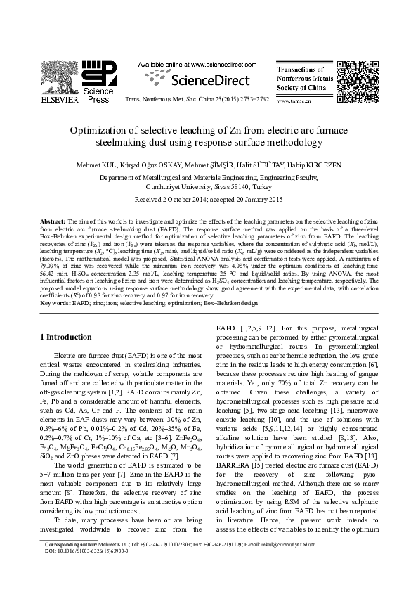 (PDF) Optimization of selective leaching of Zn from electric arc ...