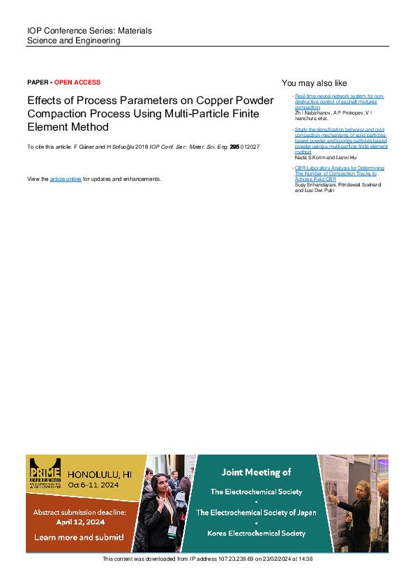 (PDF) Effects of Process Parameters on Copper Powder Compaction Process Using Multi-Particle ...