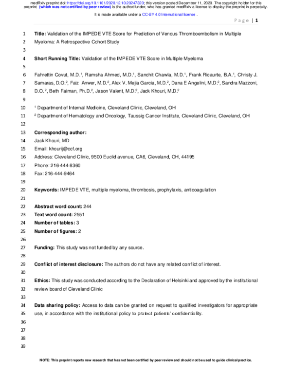(PDF) Validation of the IMPEDE VTE Score for Prediction of Venous ...