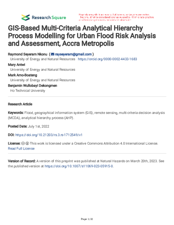 (PDF) GIS-Based Multi-Criteria Analytical Hierarchy Process Modelling for Urban Flood Risk ...