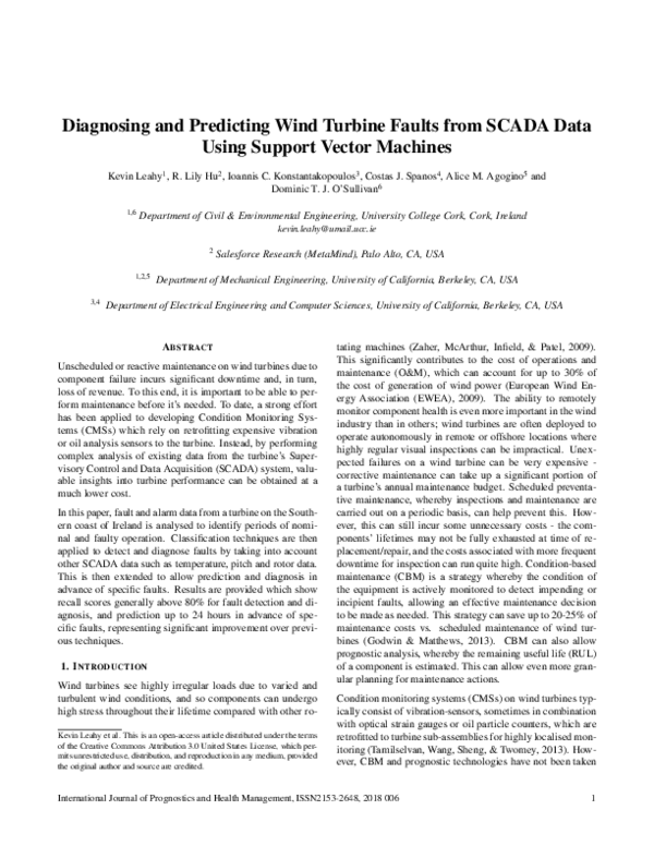 Pdf Diagnosing And Predictingwind Turbine Faults From Scada Data Using Support Vector Machines