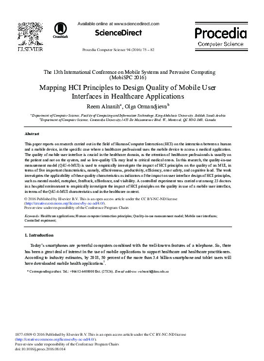 (PDF) Mapping HCI Principles to Design Quality of Mobile User Interfaces in Healthcare Applications