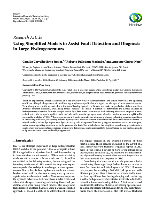 (PDF) Using Simplified Models to Assist Fault Detection and Diagnosis in Large Hydrogenerators