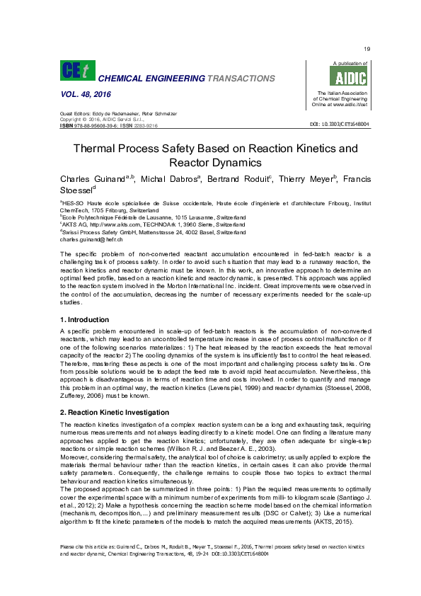 (PDF) Thermal Process Safety Based on Reaction Kinetics and Reactor ...
