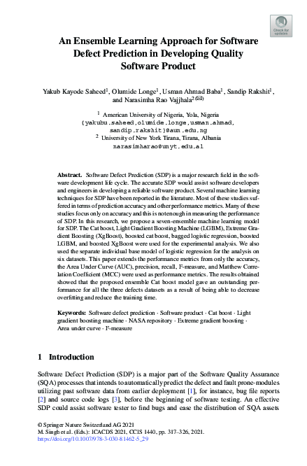 (PDF) An Ensemble Learning Approach for Software Defect Prediction in Developing Quality ...