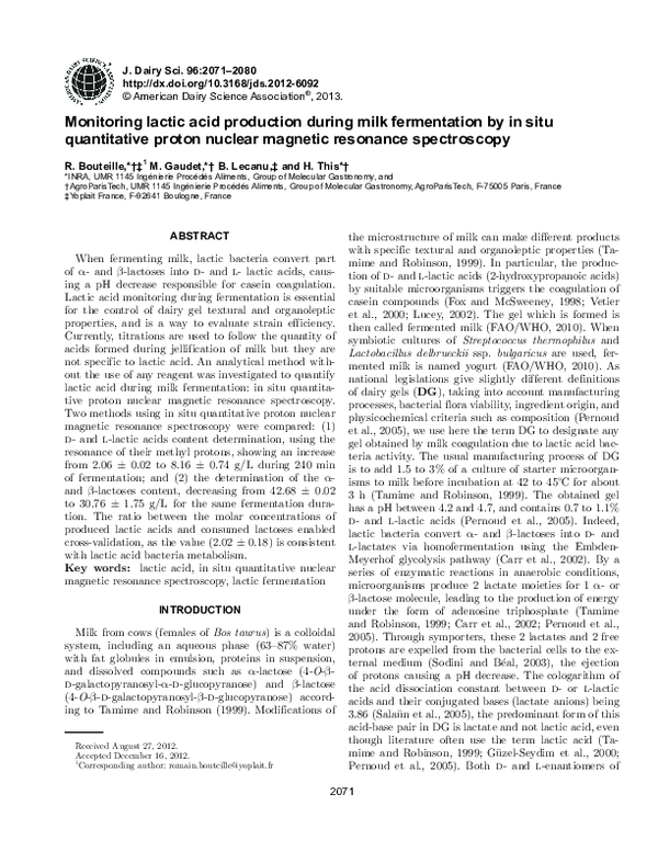 (PDF) Monitoring lactic acid production during milk fermentation by in ...