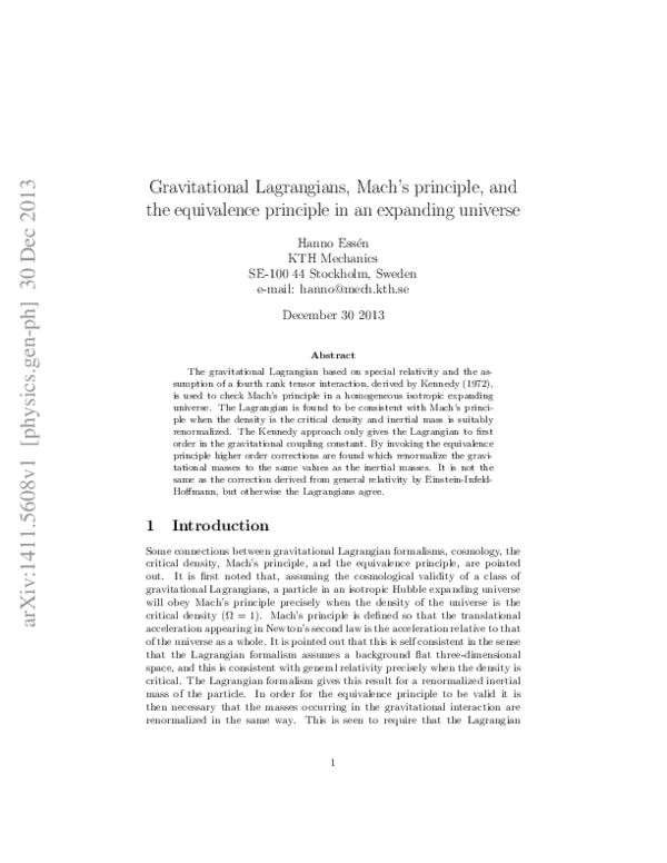 (PDF) Gravitational Lagrangians, Mach's principle, and the equivalence principle in an expanding ...