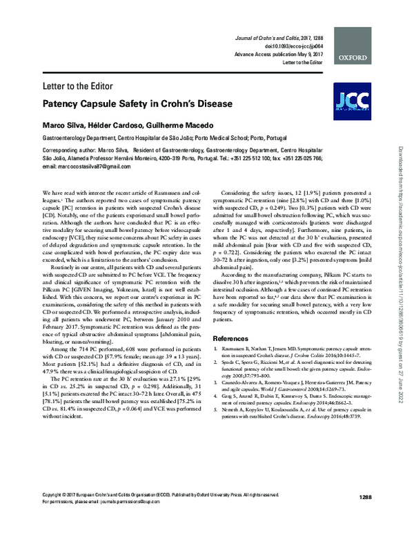 (PDF) Patency Capsule Safety in Crohn’s Disease | Guilherme Macedo ...