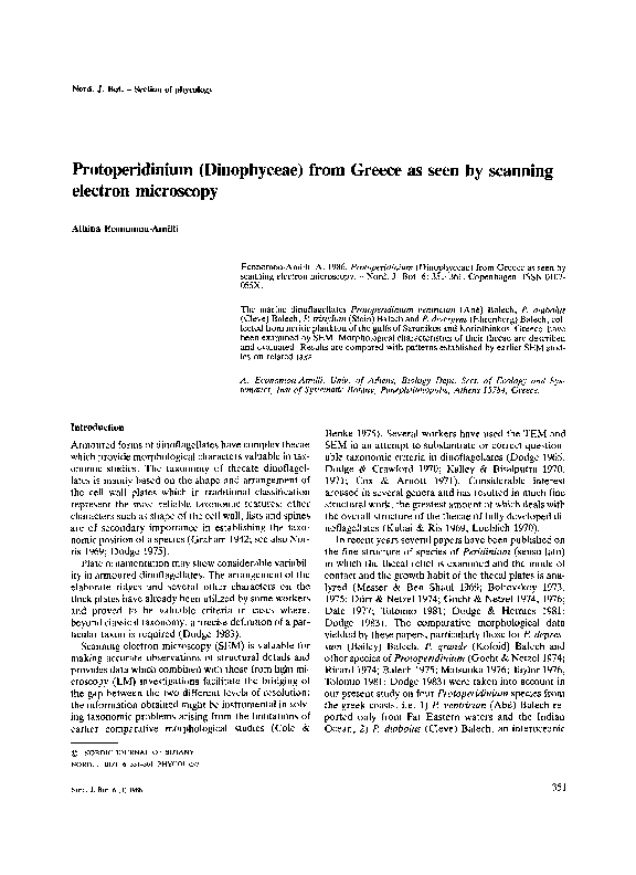 Pdf Protoperidinium Dinophyceae From Greece As Seen By Scanning Electron Microscopy Athena