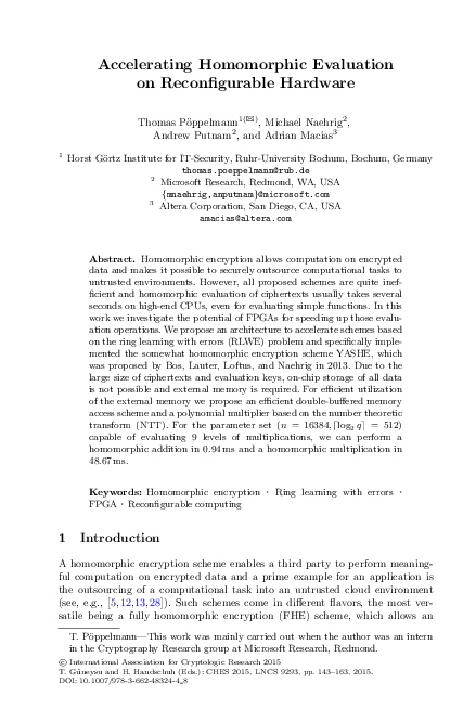 Pdf Accelerating Homomorphic Evaluation On Reconfigurable Hardware