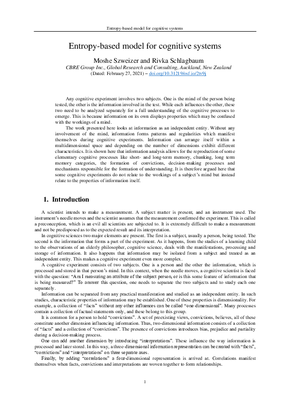 (PDF) Entropy-based model for cognitive systems