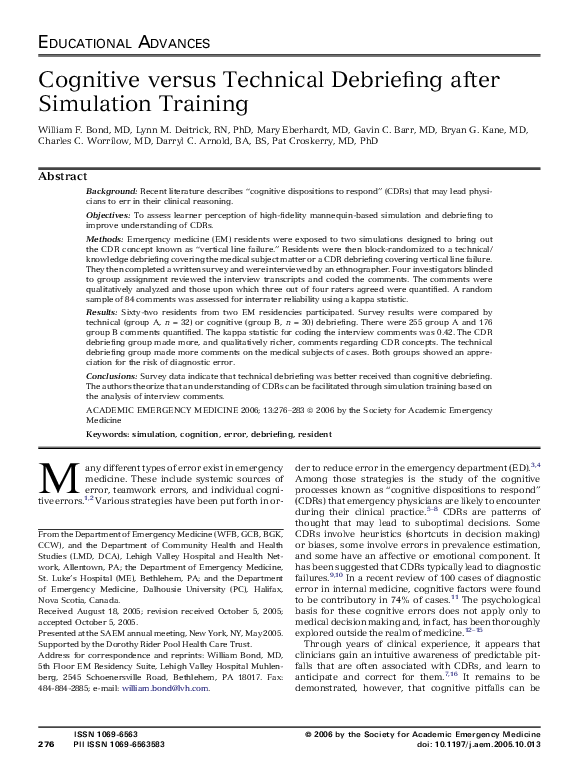 (PDF) Cognitive versus Technical Debriefing after Simulation Training