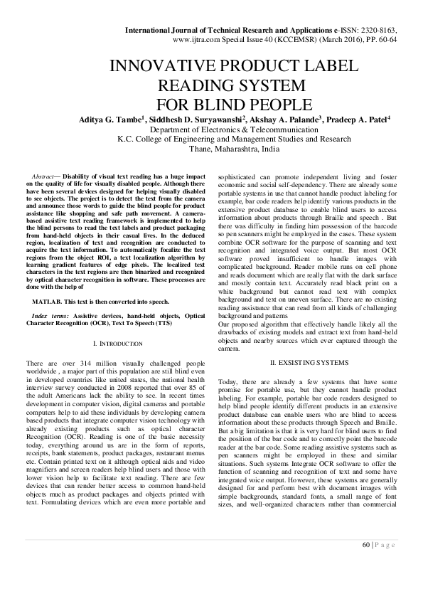 (PDF) Innovative Product Label Reading System for Blind People | Aditya ...