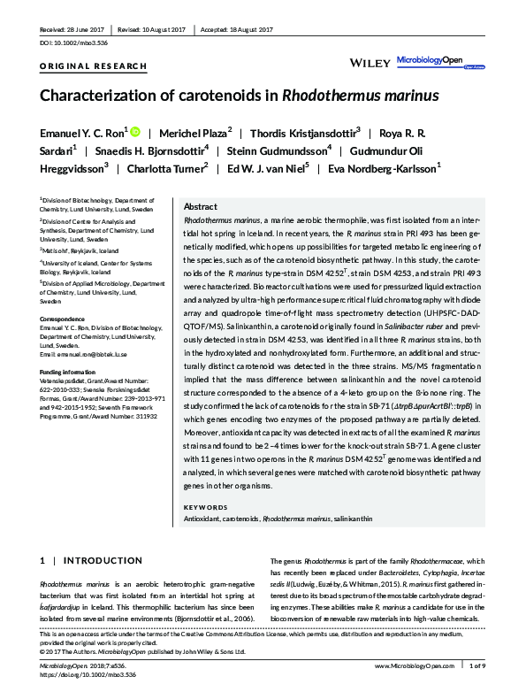 (PDF) Characterization of carotenoids in Rhodothermus marinus ...