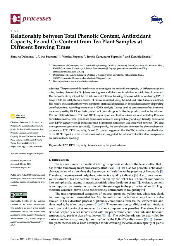 (PDF) Relationship between Total Phenolic Content, Antioxidant Capacity, Fe and Cu Content from ...