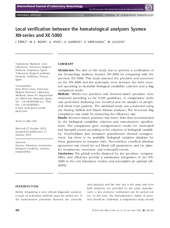 (PDF) Local verification between the hematological analyzers Sysmex XN ...