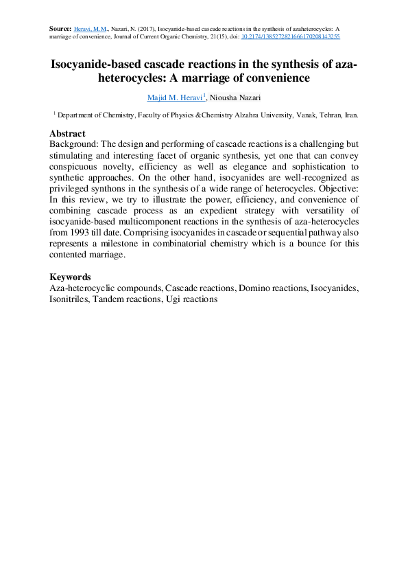 (PDF) Isocyanide-based Cascade Reactions in the Synthesis of Aza-heterocycles: A Marriage of ...