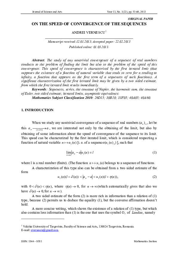 (PDF) On the Speed of Convergence of the Sequences