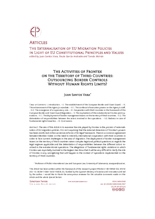 (PDF) The Activities of Frontex on the Territory of Third Countries ...