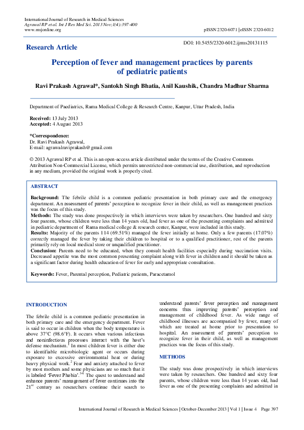 (PDF) Perception of fever and management practices by parents of ...
