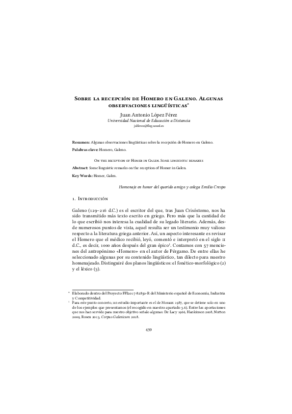 (PDF) 258.Sobre la recepción de Homero en Galeno. Algunas observaciones ...