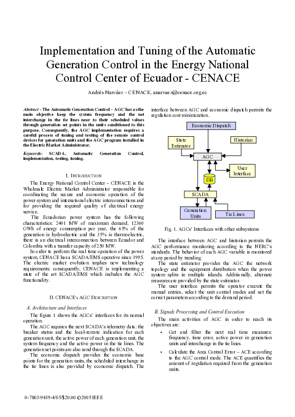 (PDF) Implementation and Tuning of the Automatic Generation Control in the Energy National ...