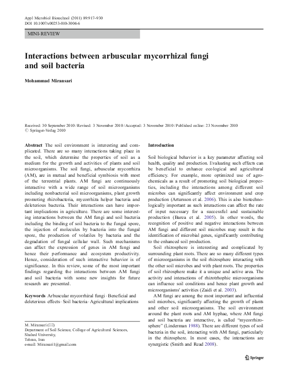 (PDF) Interactions between arbuscular mycorrhizal fungi and soil bacteria