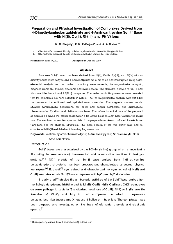 (PDF) Preparation and Physical Investigation of Complexes Derived from 4 ...