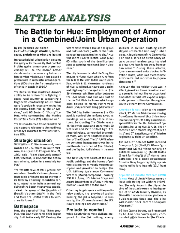 (PDF) The Battle for Hue: Employment of Armor in a Combined/Joint Urban ...