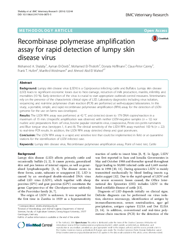 (PDF) Recombinase polymerase amplification assay for rapid detection of lumpy skin disease virus